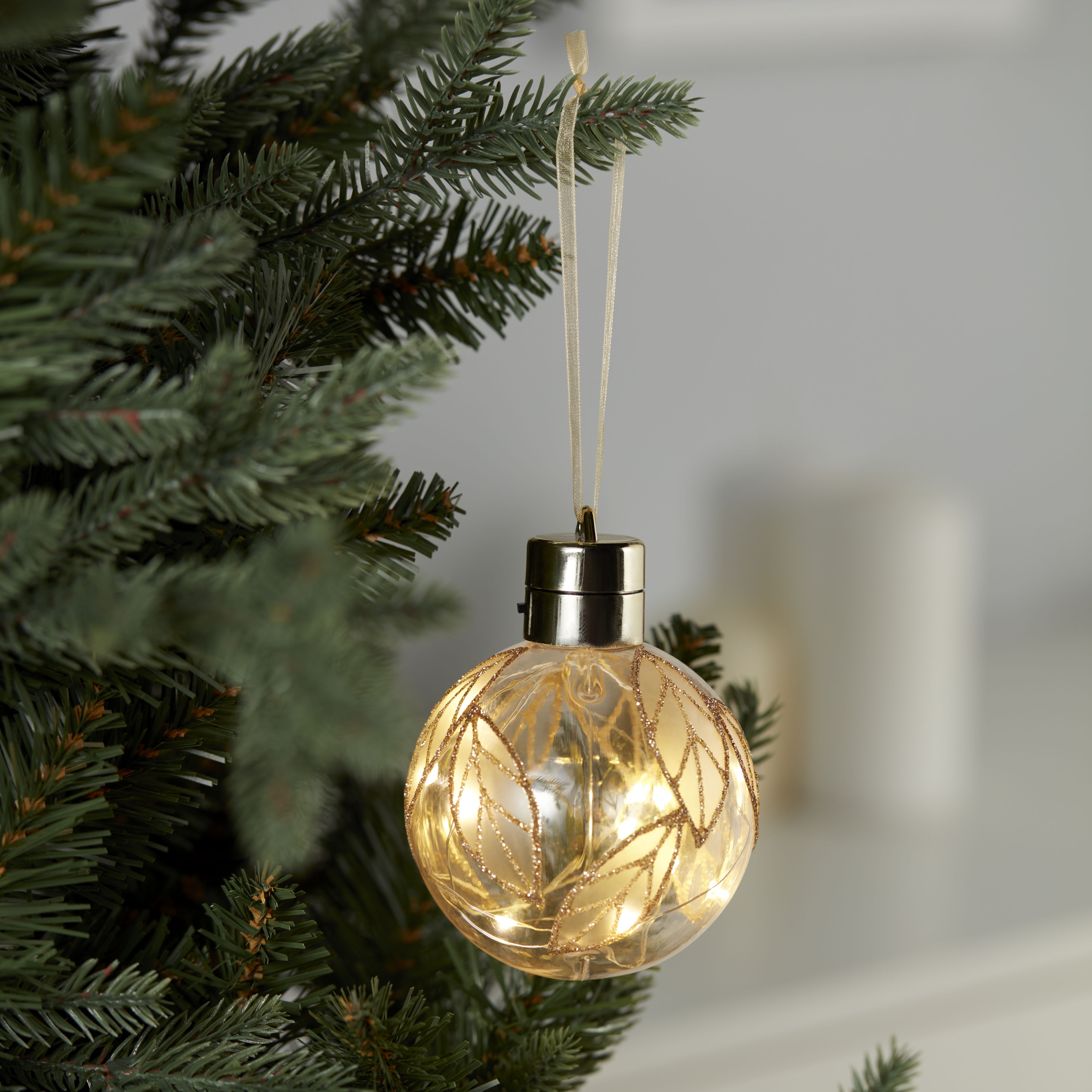 Warm white Clear Glitter effect Leaf Bauble Hanging LED bauble