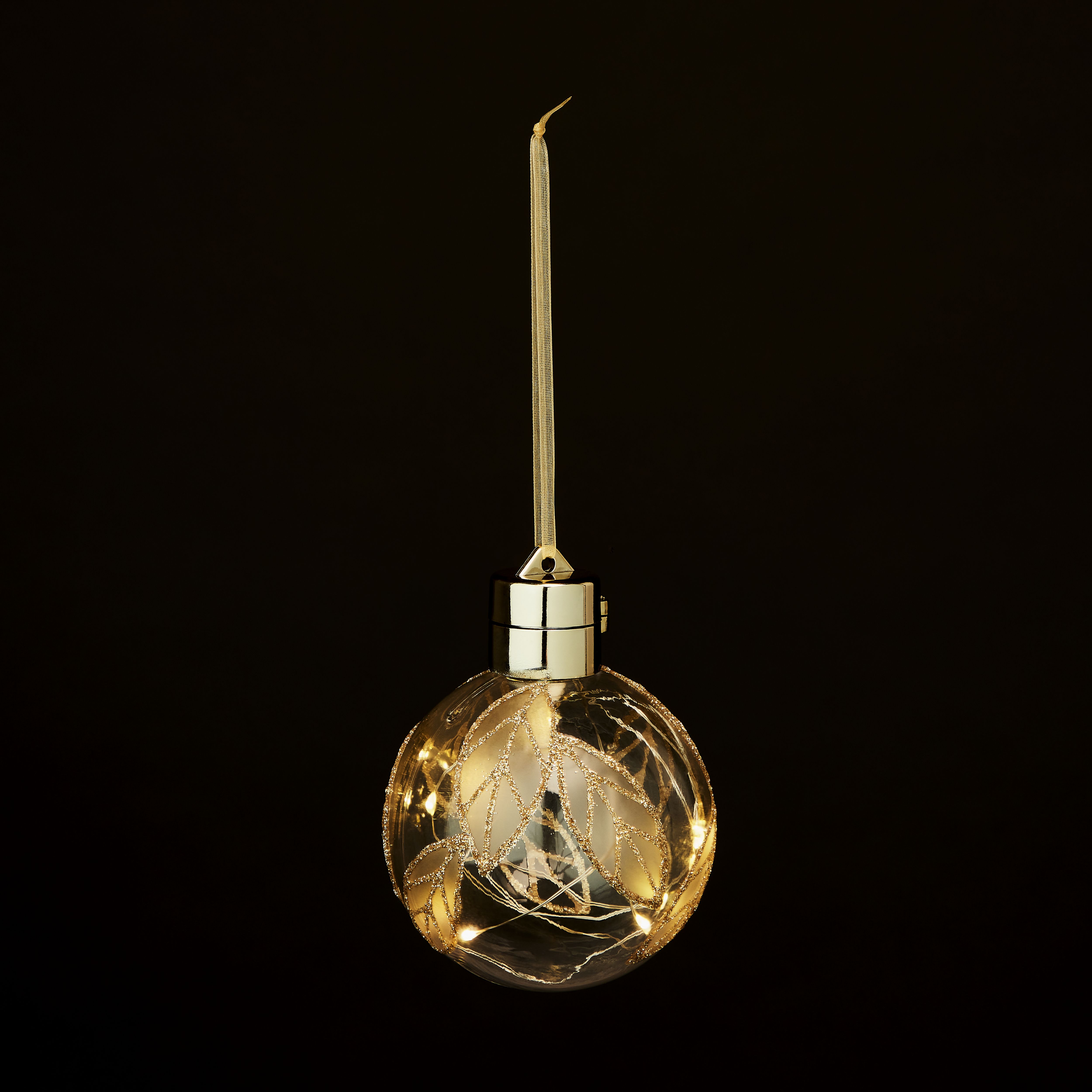 Warm white Clear Glitter effect Leaf Bauble Hanging LED bauble