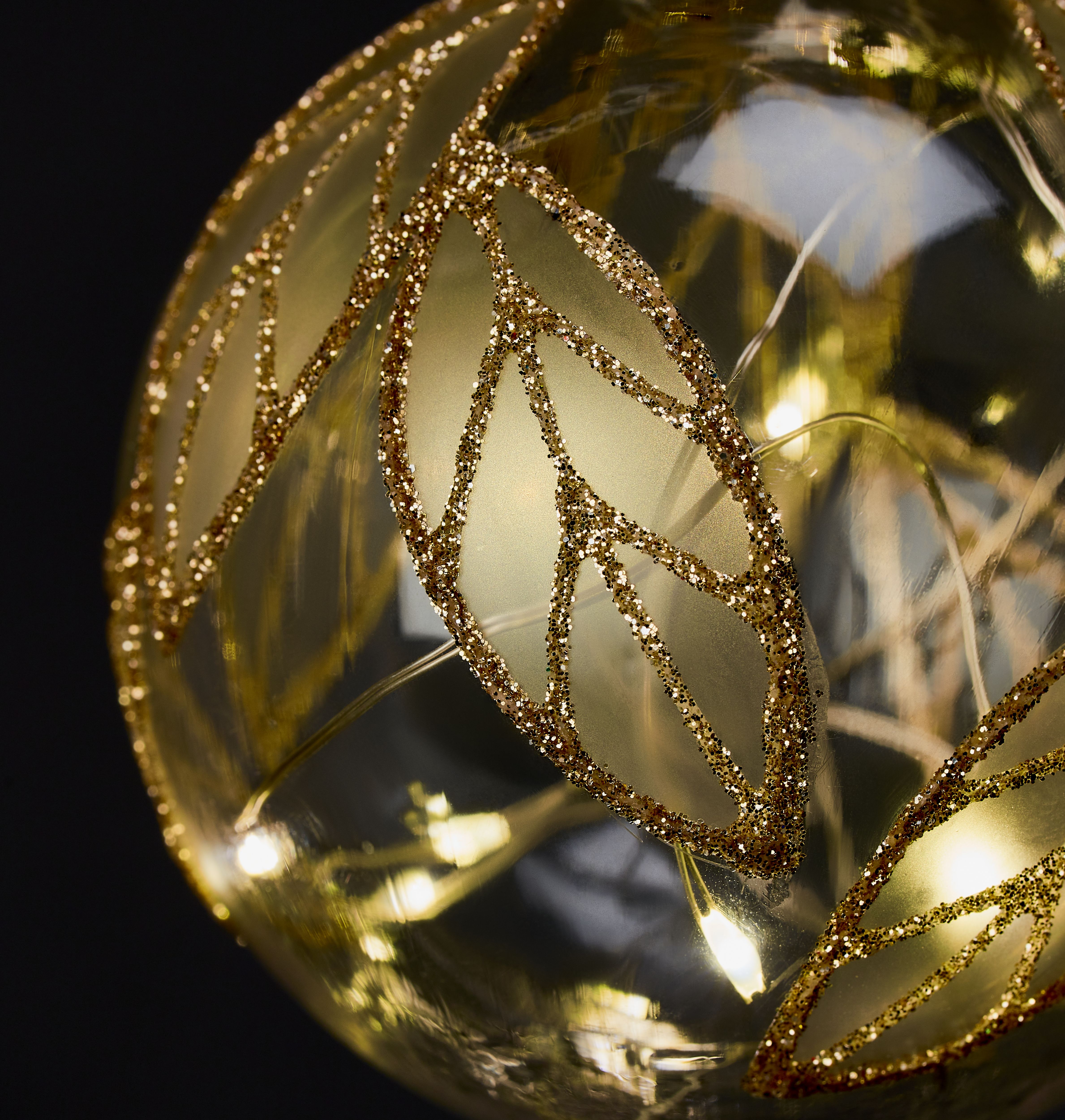 Warm white Clear Glitter effect Leaf Bauble Hanging LED bauble