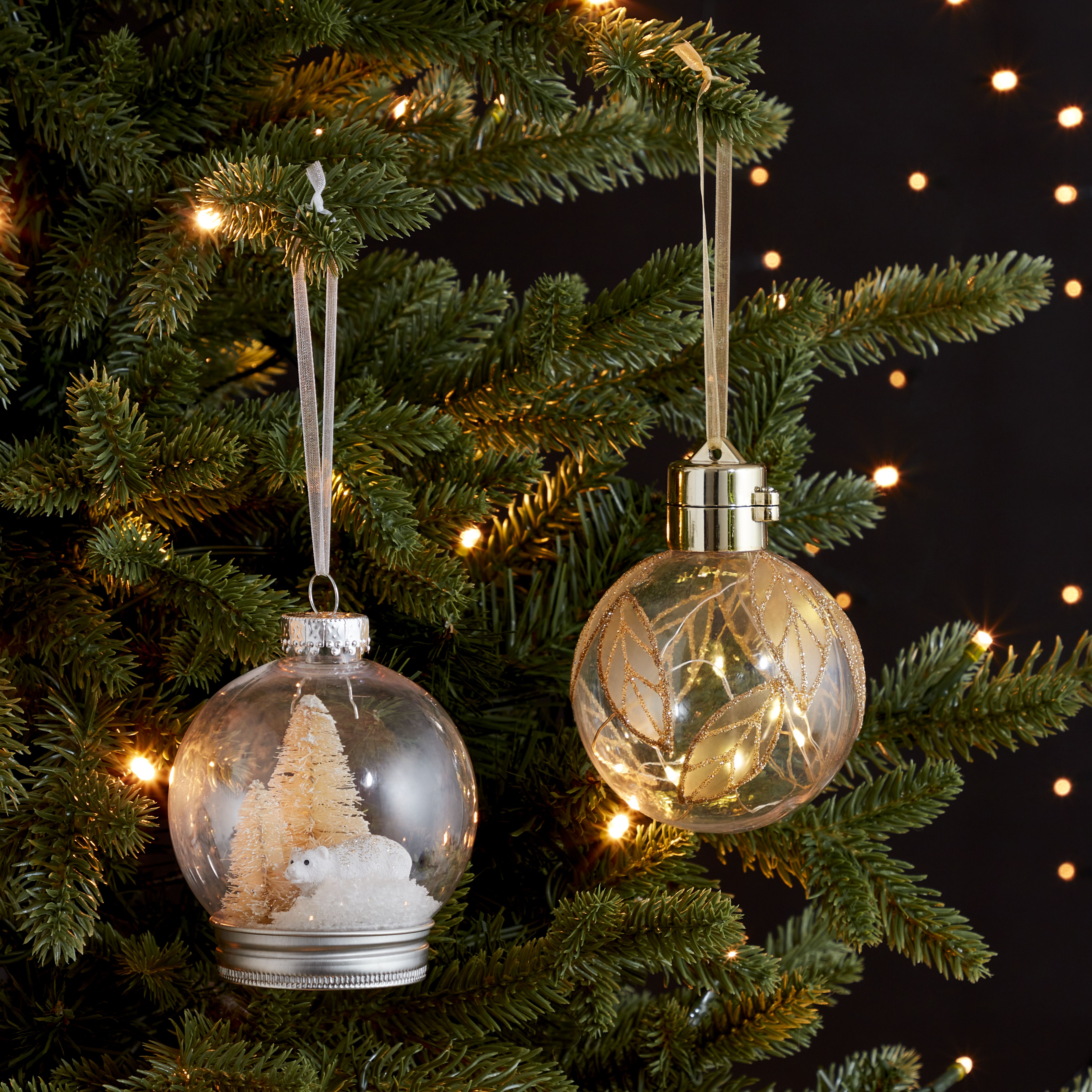 Warm white Clear Glitter effect Leaf Bauble Hanging LED bauble