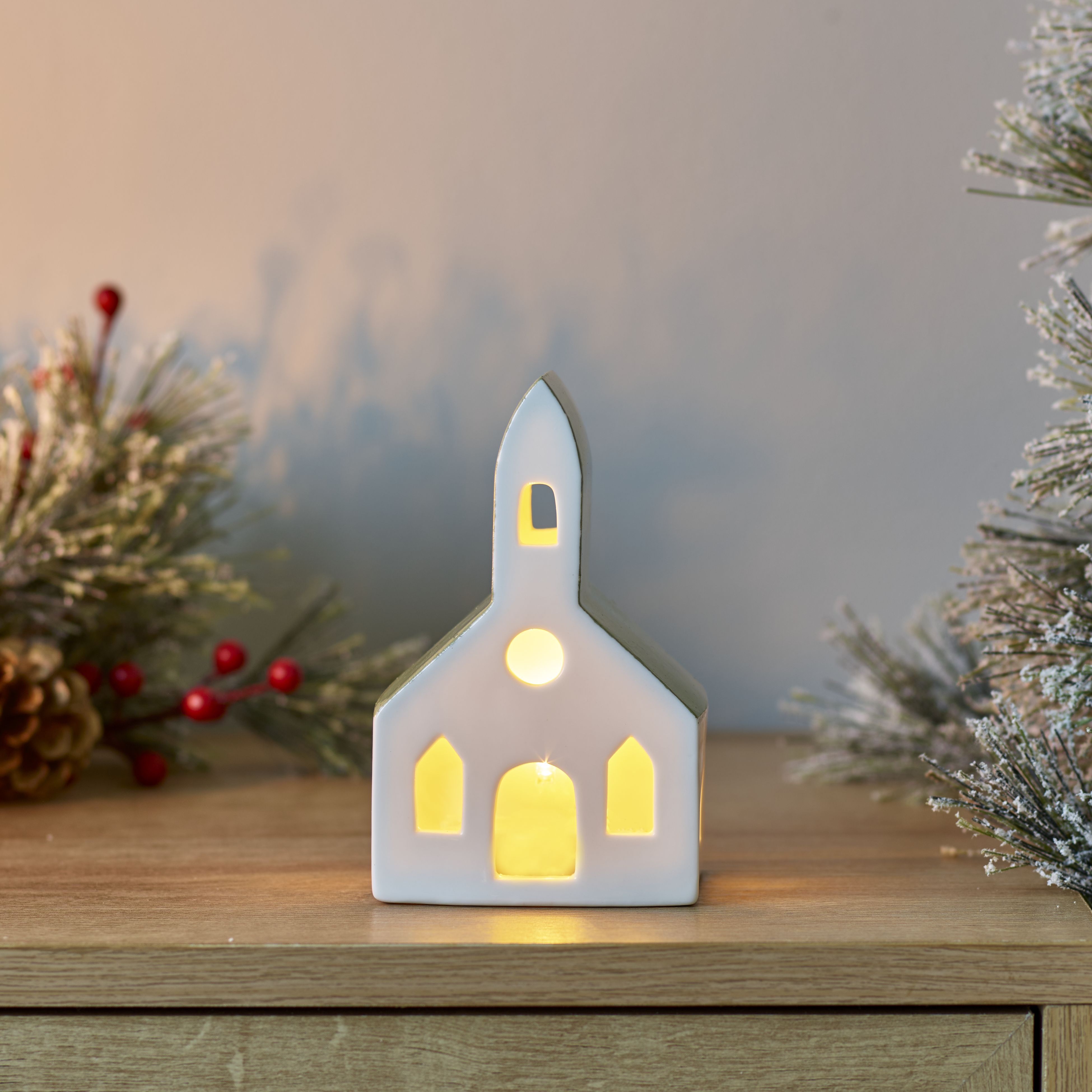 Warm white LED White & Green Church Freestanding Single christmas light ...
