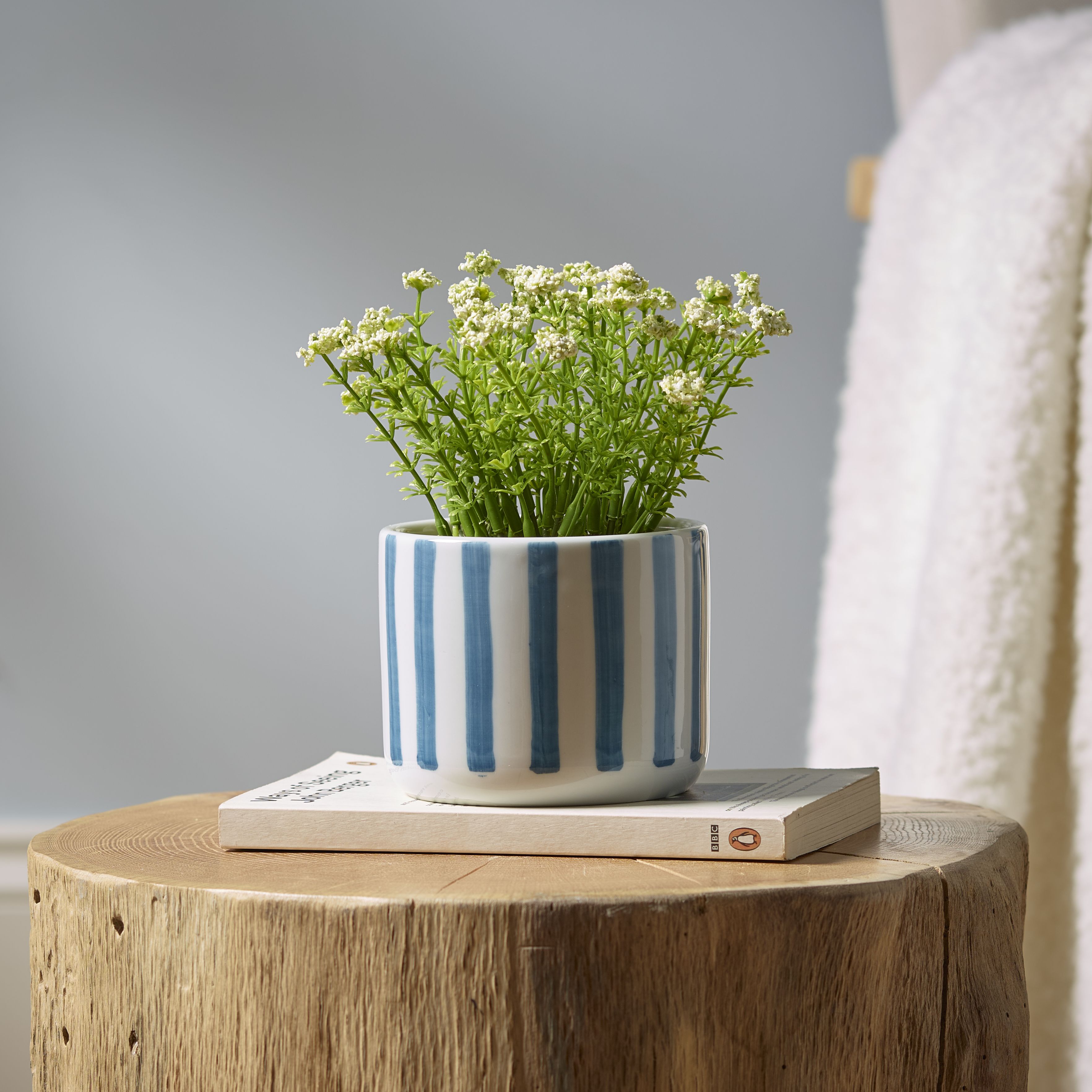White 17cm Wildflower Artificial plant in Blue & white Ceramic Stripe Pot