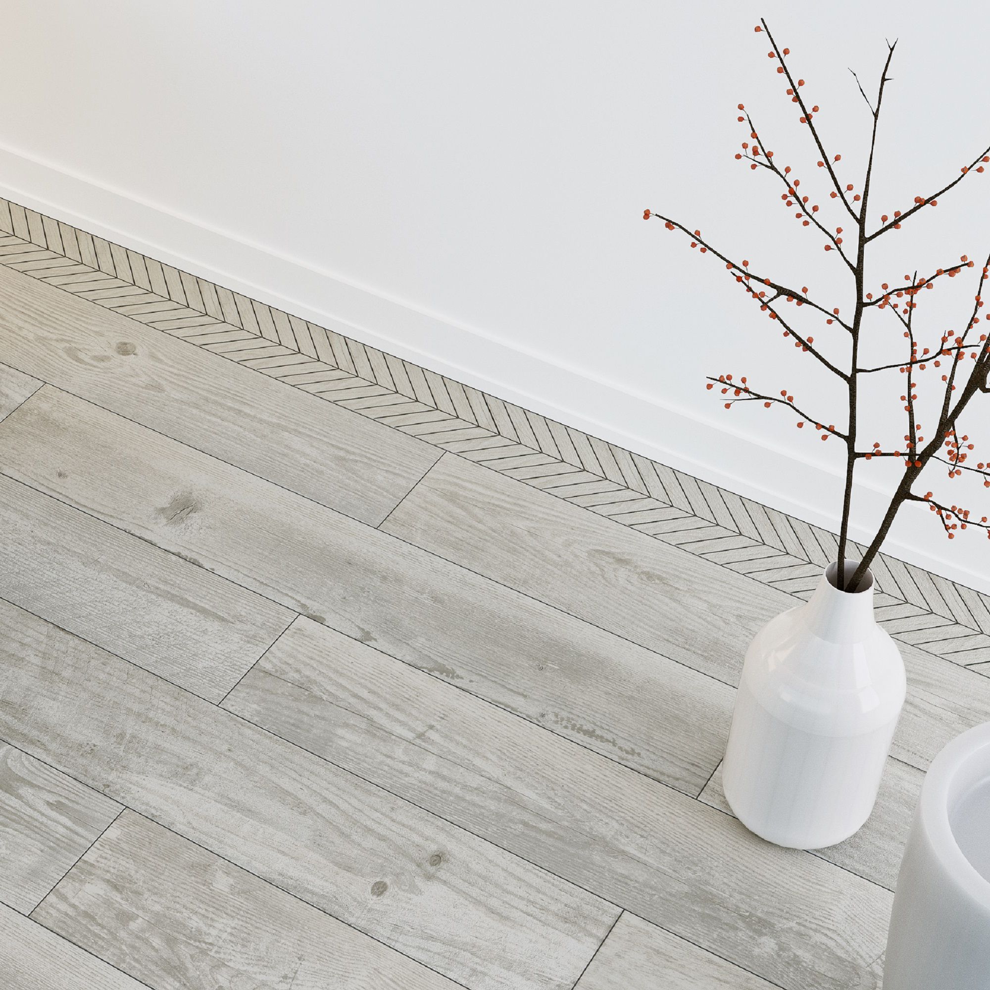 White Matt Wood effect Chevron Porcelain Mosaic tile, (L)300mm (W)155mm