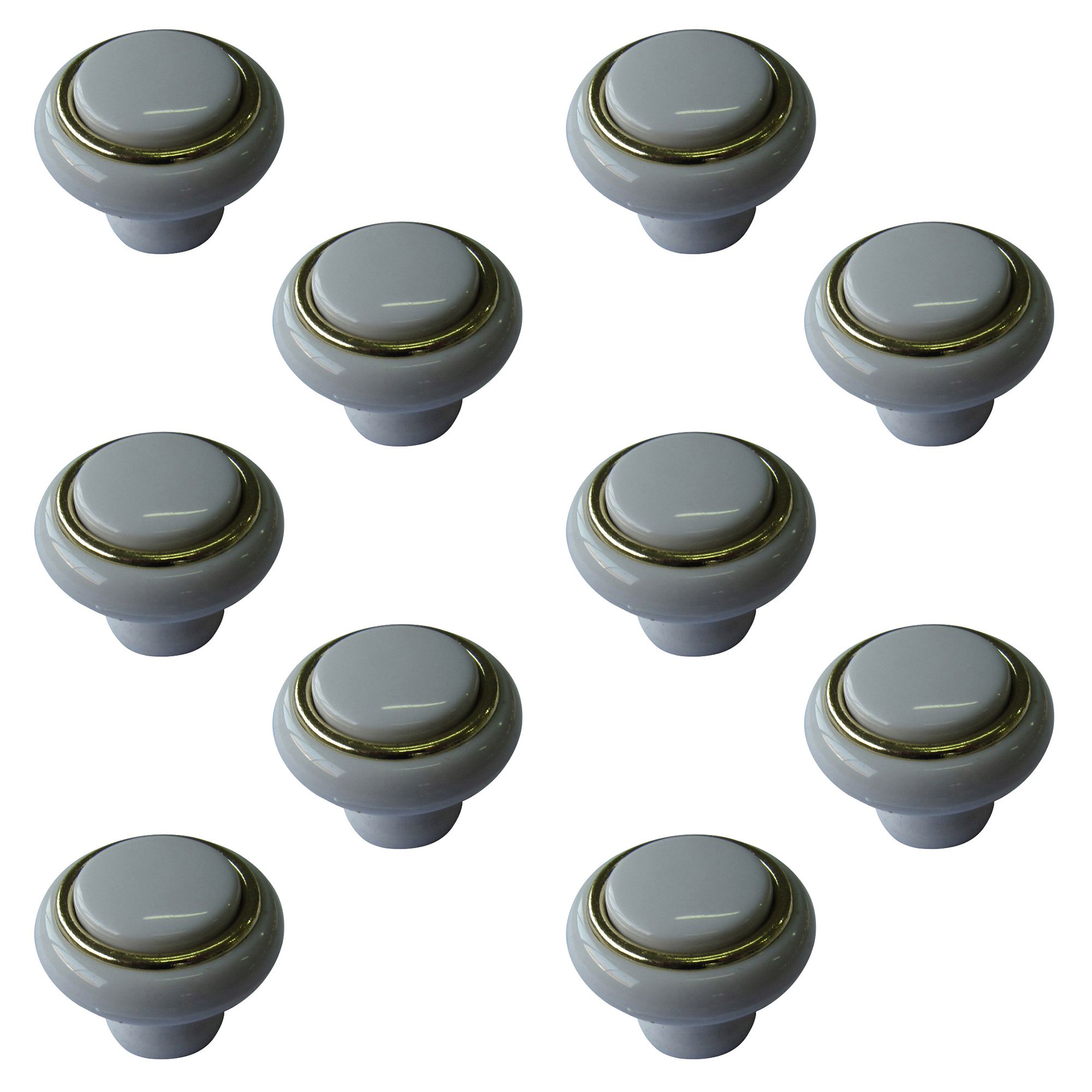 White Plastic Gold effect Round Furniture Knob (Dia)40mm, Pack of 10 ...