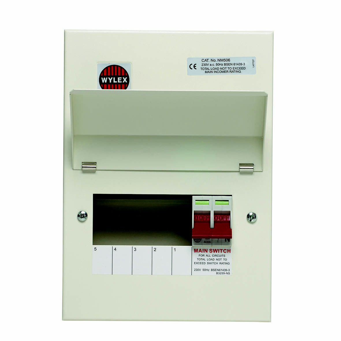 Wylex 5-way Main switch Consumer unit with 100A main switch