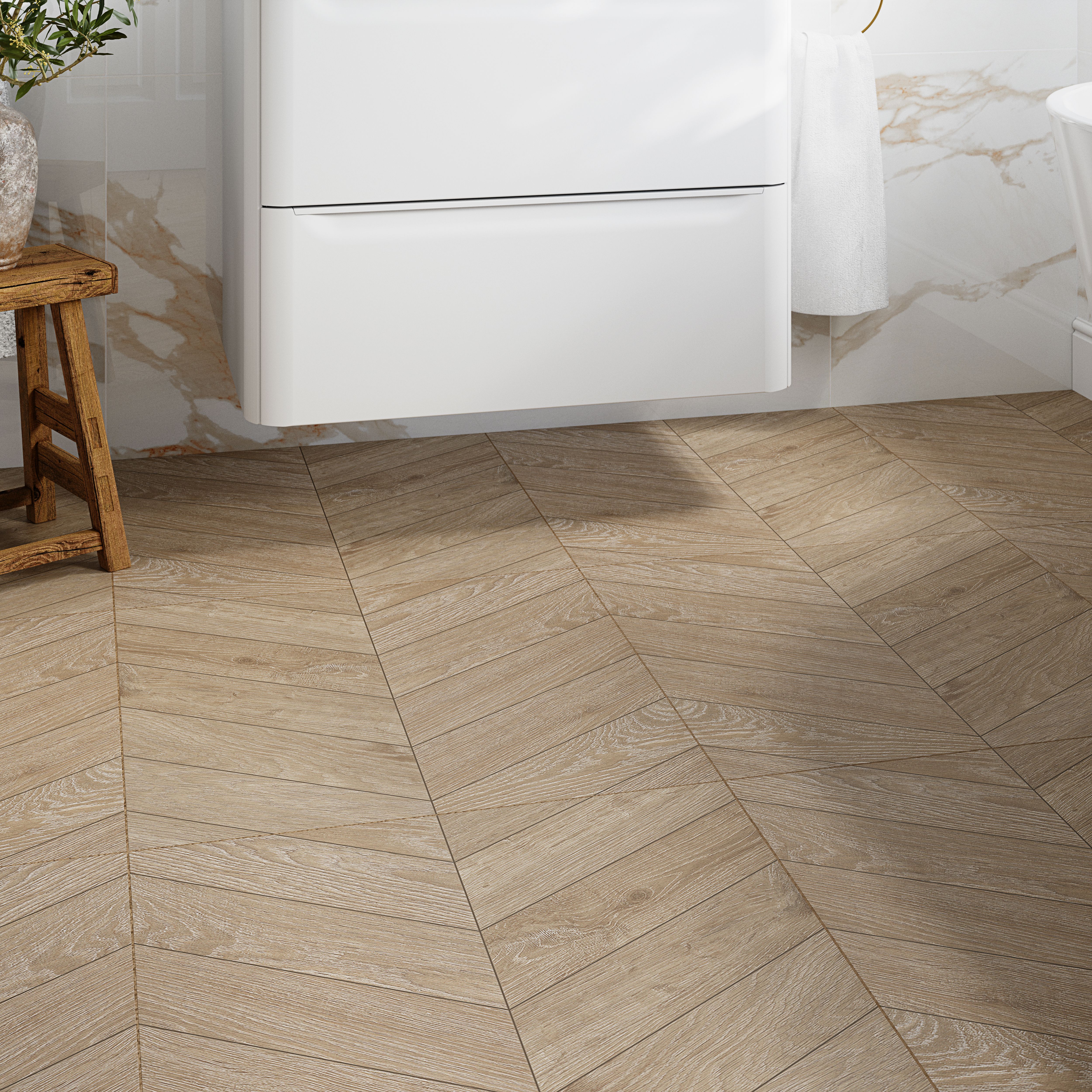 Yoan Natural Matt Chevron Wood effect Porcelain Indoor Wall & floor ...