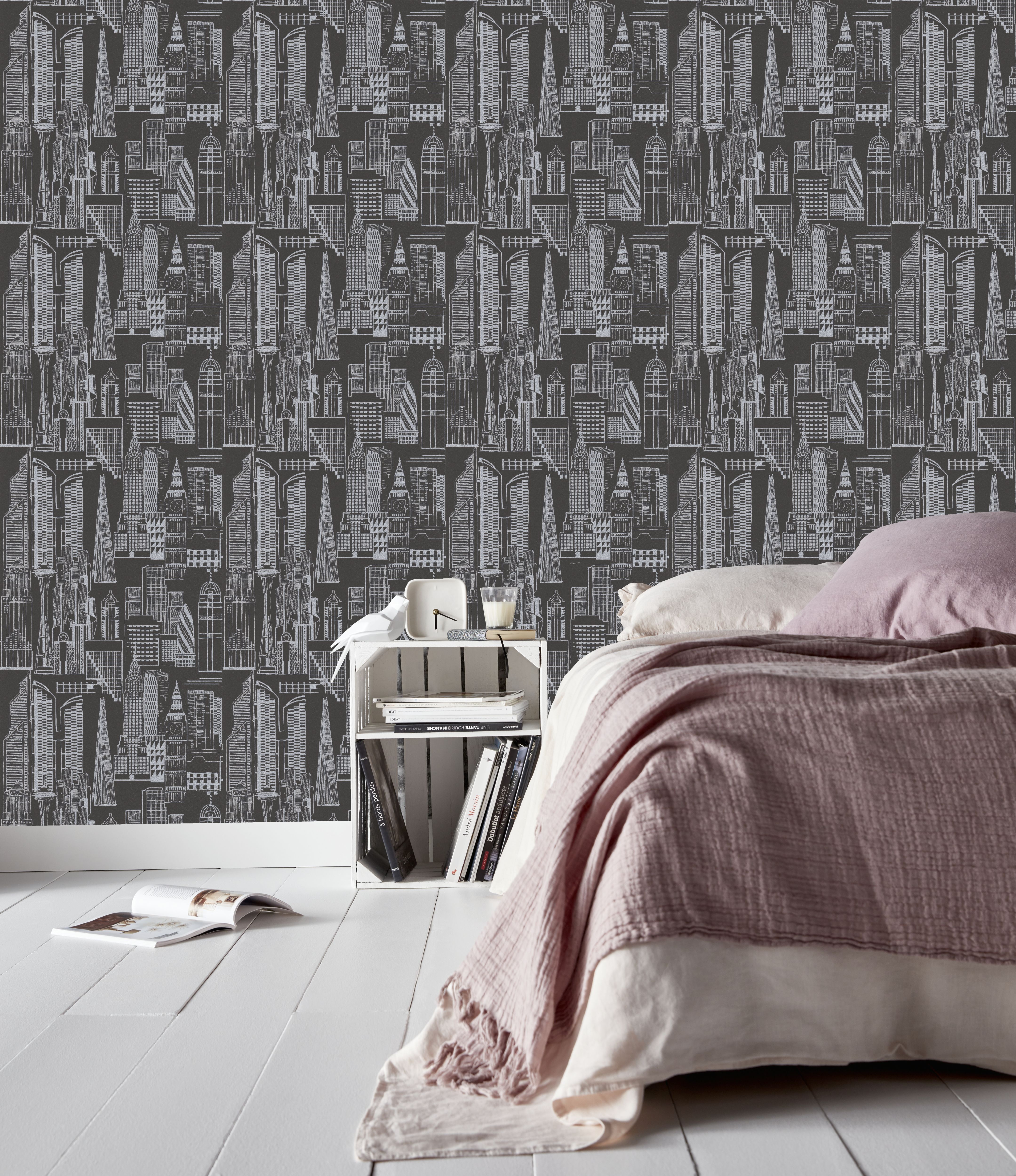 Yopo Black Cityscape Metallic effect Textured Wallpaper Sample | DIY at B&Q
