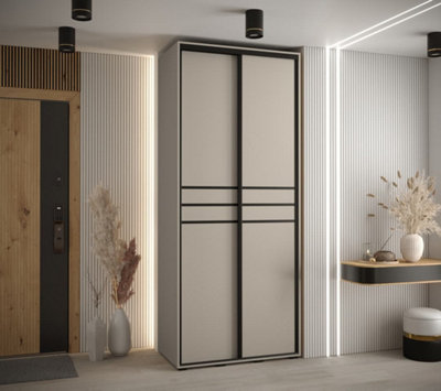 Compact Cashmere & Black Sliding Door Wardrobe W100cm H235cm D60cm for ...