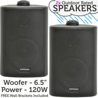 (PAIR) 2x 6.5" 120W Black Outdoor Rated Speakers Wall Mounted HiFi 8Ohm ...