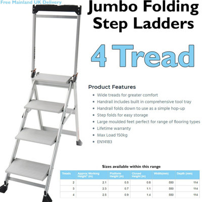 0.9m Premium Jumbo Folding Step Ladder - 4 Tread Anti-Slip Aluminium ...