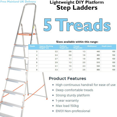 1.1m Lightweight Aluminium 5 Tread Step Ladder with Anti-Slip Design ...