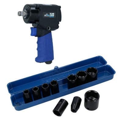 1/2" Drive Mini Air Impact Wrench Gun 680nm + Shallow Impact Sockets 9 ...