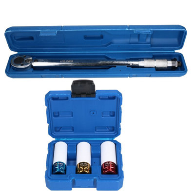 1/2" Drive Torque Wrench 28 - 210Nm with 3 Alloy Wheel Nut Sockets 17 ...