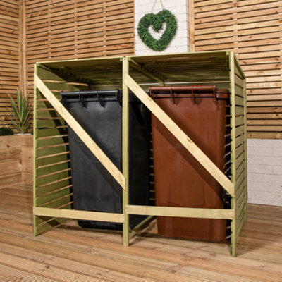 1.34m x 1.2m Large Wooden Outdoor Garden Double Wheelie Bin Store ...