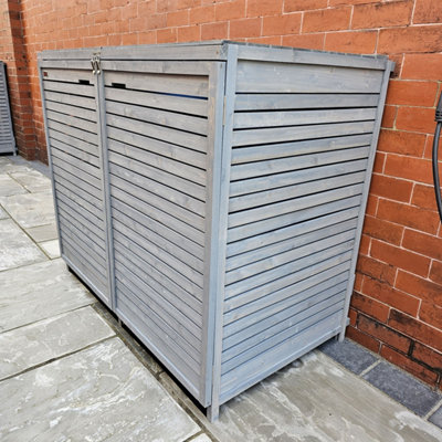 1.35m x 1.14m Large Grey Wooden Outdoor Garden Double Wheelie Bin Store ...