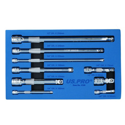 1/4 / 3/8 and 1/2 drive wobble extension bar 9pc set 50mm - 230mm