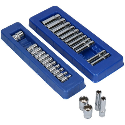 1/4" Drive Metric 6 Sided Sockets Shallow + Deep Extensions + Ratchet 32pc | DIY at B&Q