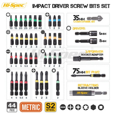 1/4 Impact Drill Screw Driver Nut Bit Magnetic Set Hex Shank 44Pc Hi-Spec