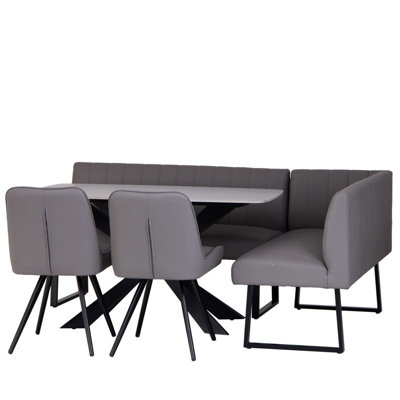 1.4m Sintered Stone Dining Table, Right Hand Corner Bench & 2 Chairs - Grey | DIY at B&Q