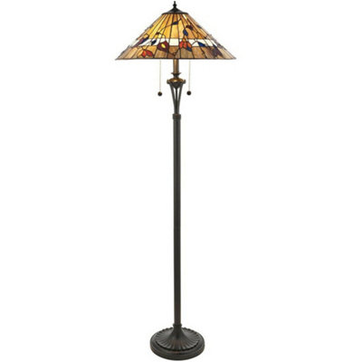 1.5m Tiffany Twin Floor Lamp Dark Bronze & Floral Stained Glass Shade ...
