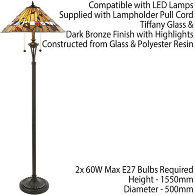 1.5m Tiffany Twin Floor Lamp Dark Bronze & Floral Stained Glass Shade ...