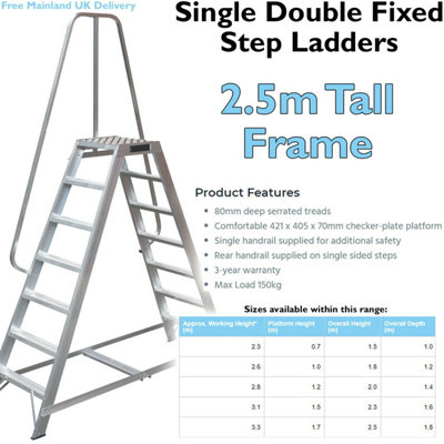 1.7m Heavy Duty Double Sided Fixed Step Ladders Safety Handrail & Wide ...