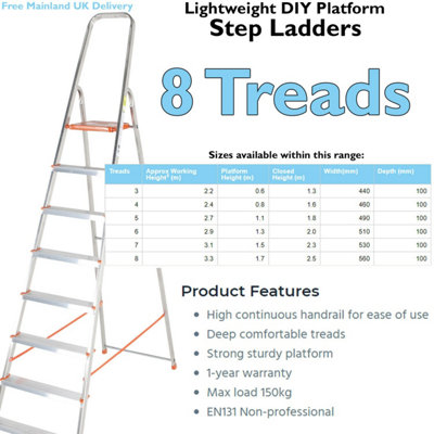 1.7m Lightweight Aluminium Step Ladder with 8 Anti-Slip Treads for ...