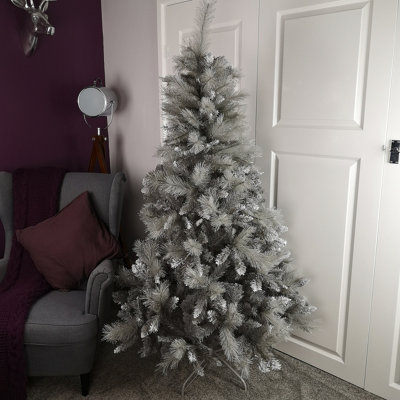 1.8M 6ft Silver Glitter Tip Fir Festive Christmas Tree in Grey PVC with ...