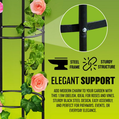 1.9m Garden Obelisk Black Metal Outdoor Trellis Climbing Plant Support ...