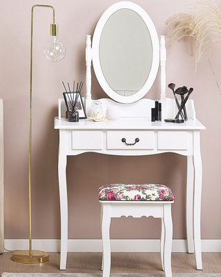 1 Drawer Dressing Table with Oval Mirror and Stool White SOLEIL