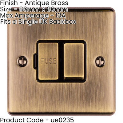1 Gang 13A Switched Fuse Spur ANTIQUE BRASS & BLACK Metal Rocker Mains ...