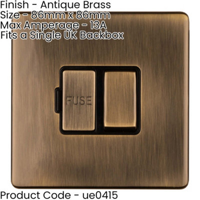 1 Gang 13A Switched Fuse Spur SCREWLESS ANTIQUE BRASS Rocker Mains ...