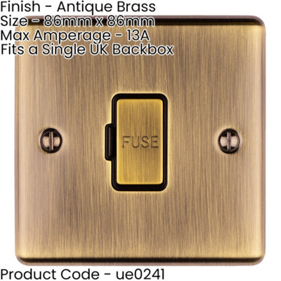 1 Gang 13A Unswitched Fuse Spur ANTIQUE BRASS & BLACK Metal Mains Isolation