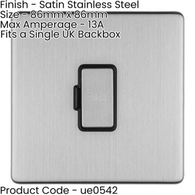 1 Gang 13A Unswitched Fuse Spur SCREWLESS SATIN STEEL Rocker Mains ...