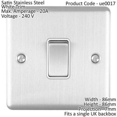 1 Gang 20A DP Single Switch SATIN STEEL & White Trim Appliance / Boiler ...