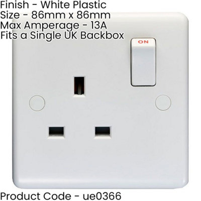 1 Gang Double Pole 13A Switched UK Plug Socket - WHITE PLASTIC Wall ...