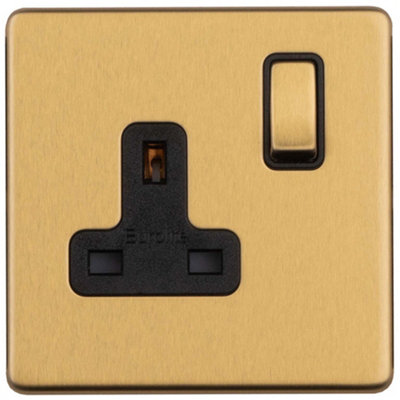 1 Gang DP 13A Switched UK Plug Socket SCREWLESS SATIN BRASS Wall Power ...