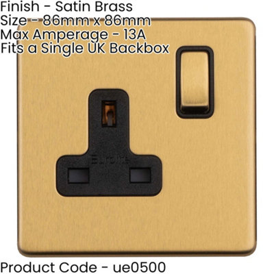 1 Gang DP 13A Switched UK Plug Socket SCREWLESS SATIN BRASS Wall Power ...