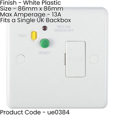 1 Gang Single 13A Unswitched Fuse Spur & 30mA Passive RCD WHITE Safety Wall