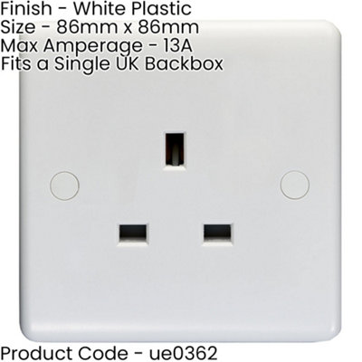 1 Gang Single 13A Unswitched UK Plug Socket - WHITE PLASTIC Wall Power ...