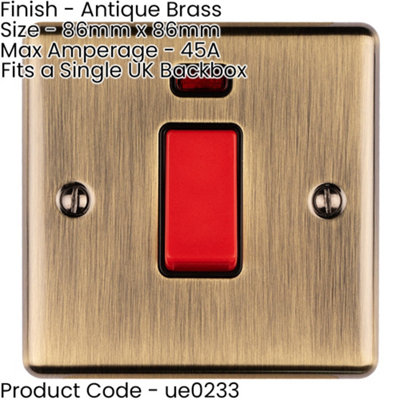 1 Gang Single 45A Cooker Switch & Neon - ANTIQUE BRASS & BLACK TRIM ...