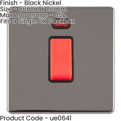 1 Gang Single 45A DP Cooker Switch & Neon SCREWLESS BLACK NICKEL Slim ...