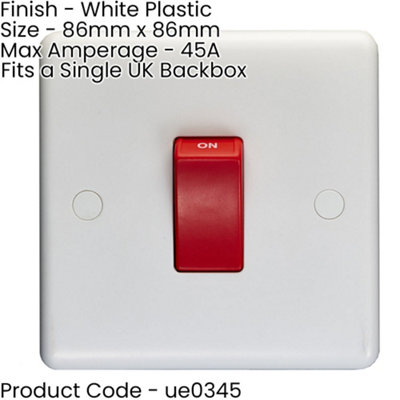 1 Gang Single 45A DP Cooker Switch - WHITE PLASTIC RED Rocker Oven ...
