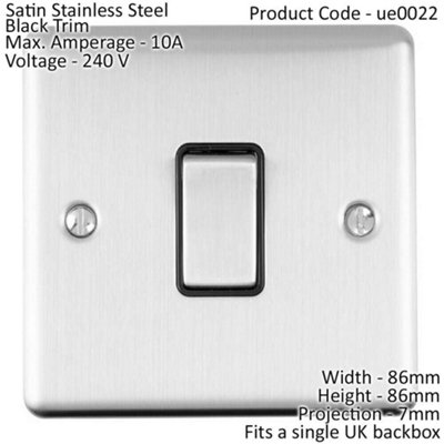 1 Gang Single INTERMEDIATE Light Switch SATIN STEEL & Black 10A Metal ...