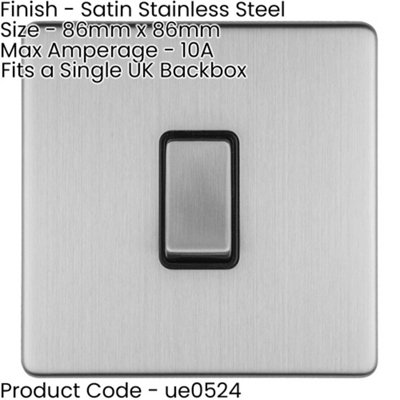 1 Gang Single Light Switch SCREWLESS SATIN STEEL 2 Way 10A Metal Rocker ...