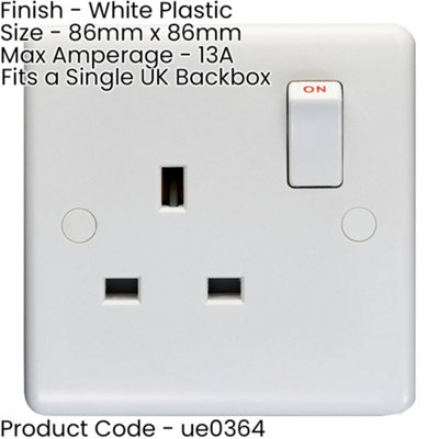 1 Gang Single Pole 13A Switched UK Plug Socket - WHITE PLASTIC Wall ...