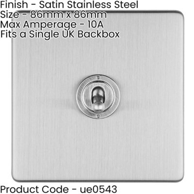 1 Gang Single Retro Toggle Light Switch SCREWLESS SATIN STEEL 10A 2 Way ...