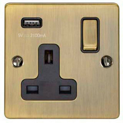 1 Gang Single UK Plug Socket & 2.1A USB Charger ANTIQUE BRASS 13A ...