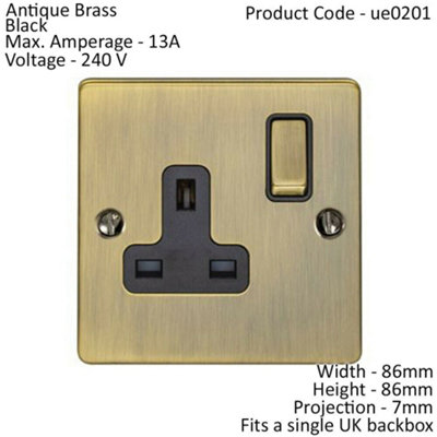 1 Gang Single UK Plug Socket ANTIQUE BRASS 13A Switched Mains Wall ...
