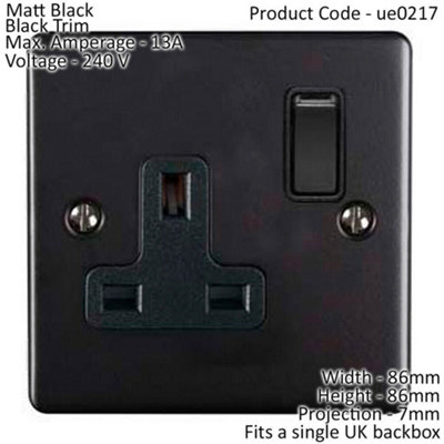 1 Gang Single UK Plug Socket MATT BLACK 13A Switched Mains Wall Power ...